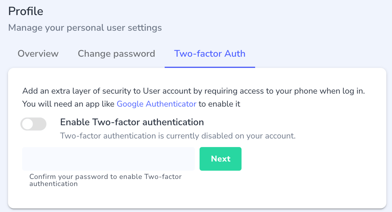 Activating two-factor authentication (2FA)